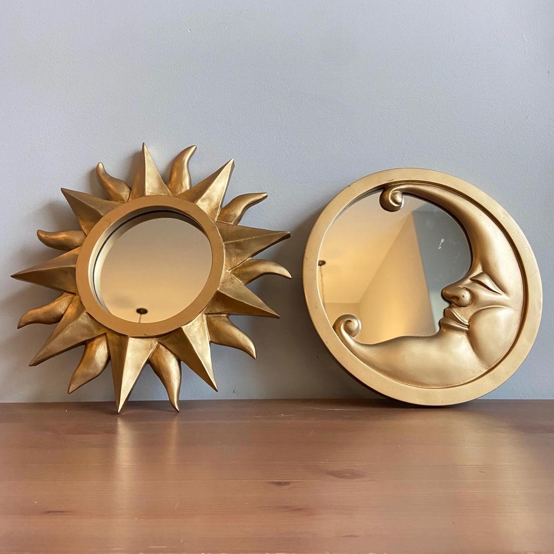 Vintage 90s Celestial Sun and Moon Wall Hanging Mirrors - Sun 11.5” W ...