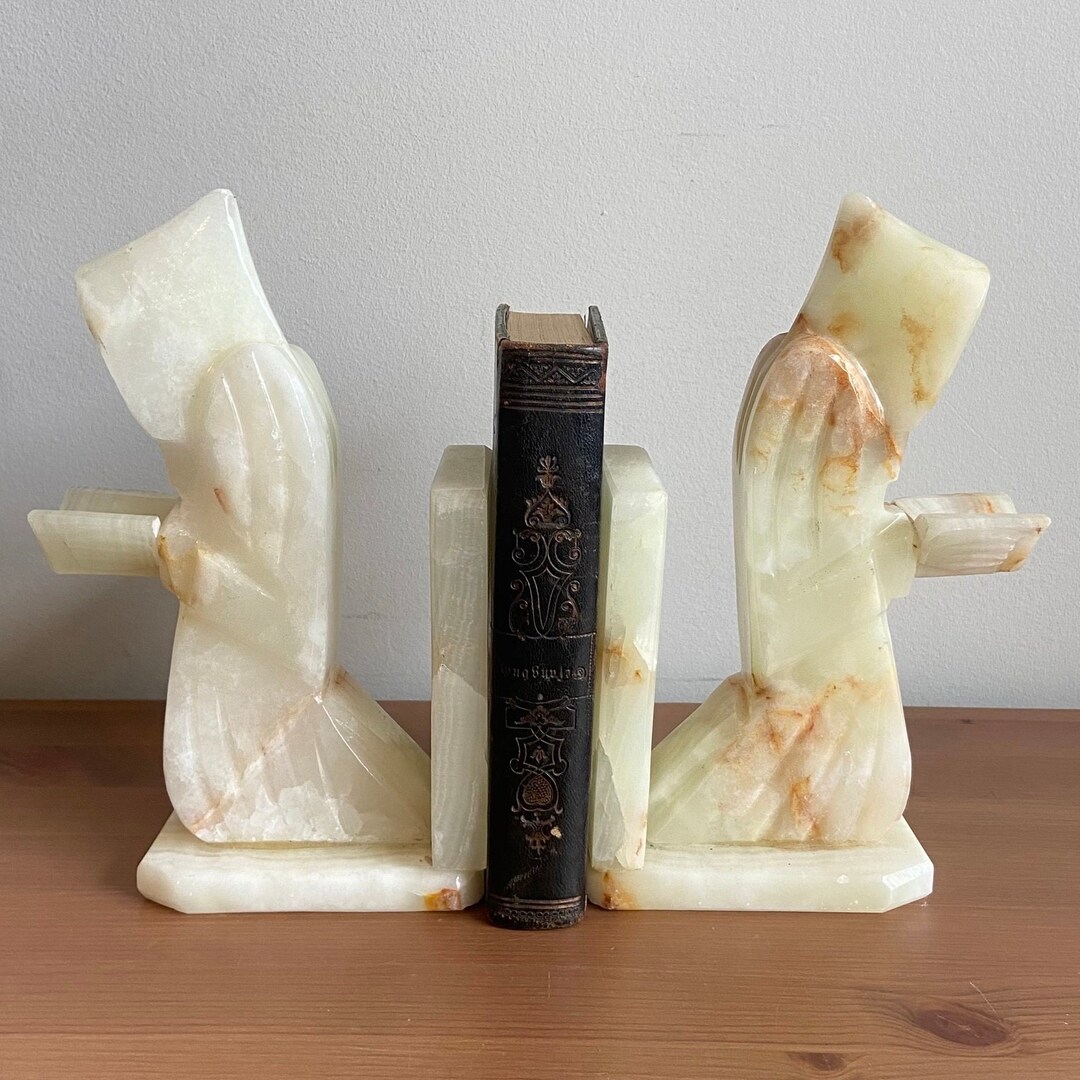 Vintage Onyx Stone Monk Bookends - 9.5” T X 5.8” D X 2.9” W - Unique ...