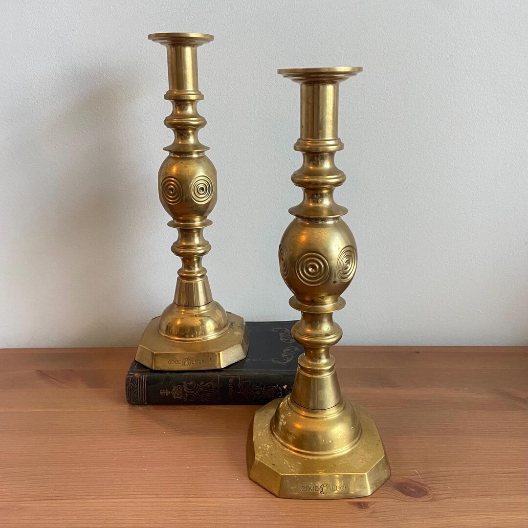 Vintage Brass Taper Candle Holders - Good Luck Design, 12.5" Tall - Etsy