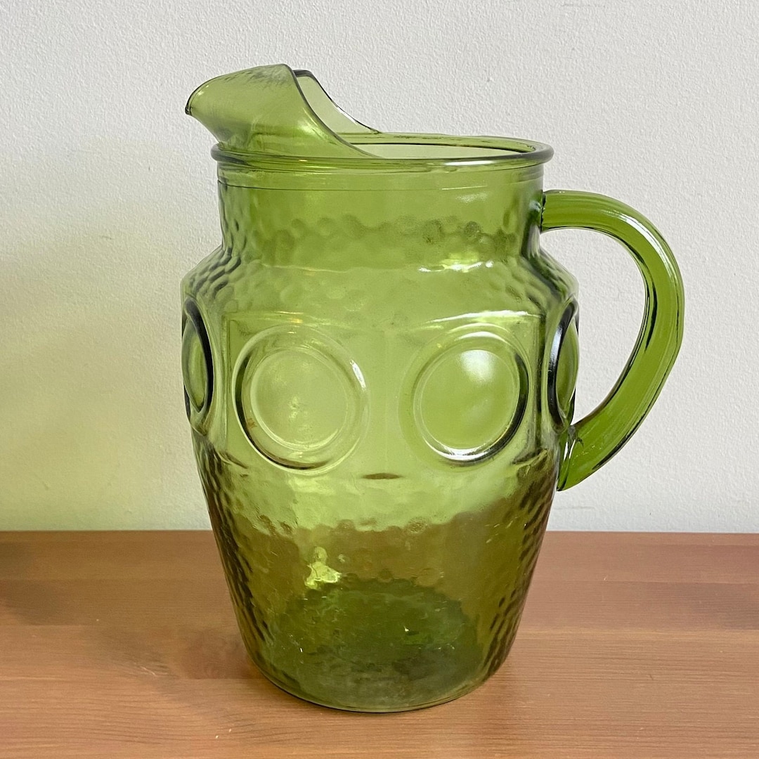 Vintage Green Glass Pitcher - 8” T X 5” W - Retro Orange Juice Pitcher ...