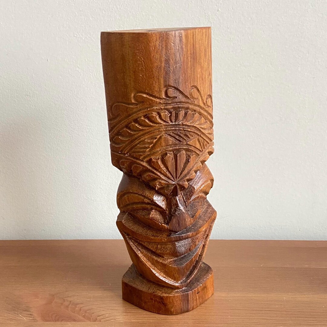 Vintage Wooden Hand Carved Tiki Statue - 6.3” T X 2.5” W - Retro Tiki ...