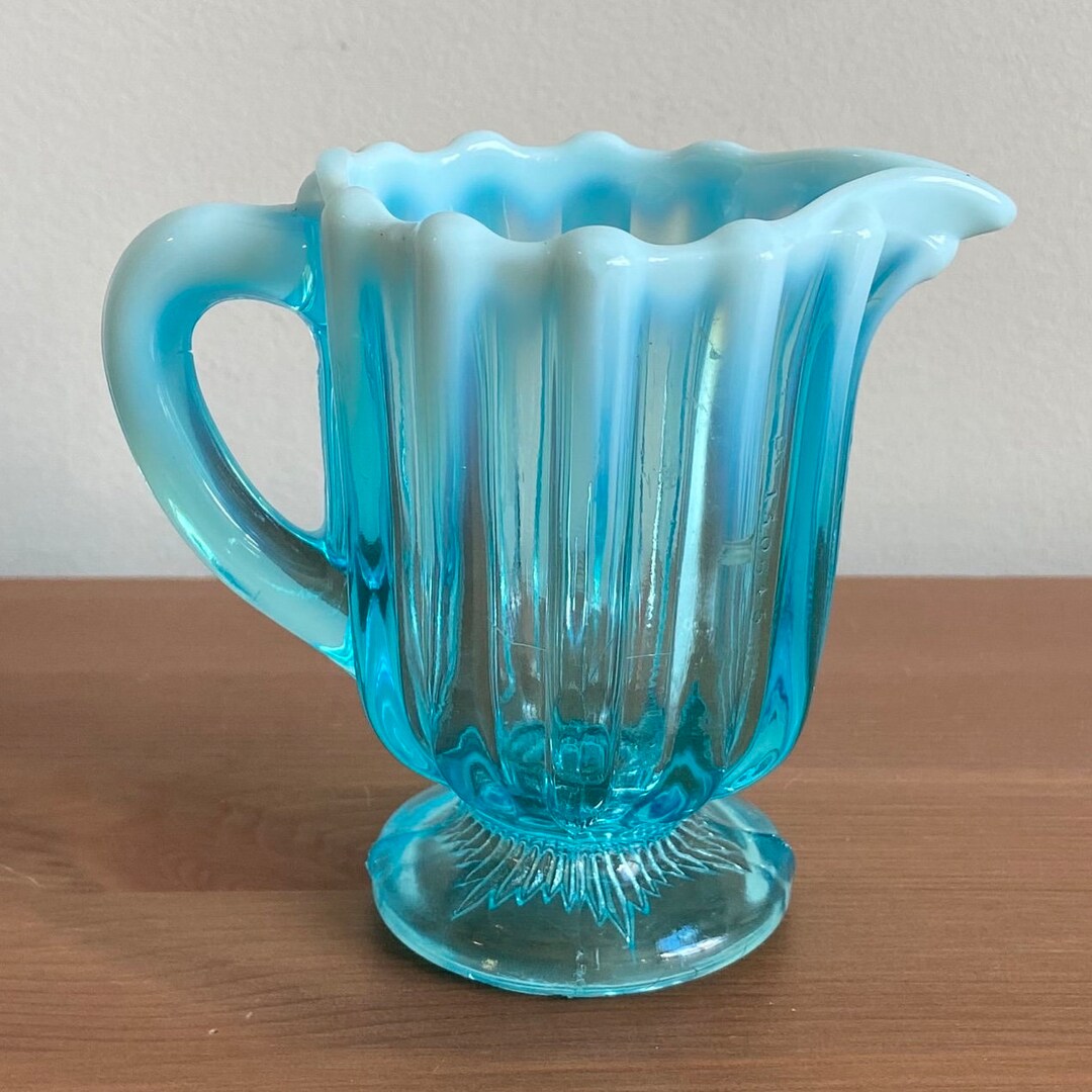 Antique 1900s Blue Pearline Glass Brideshead Creamer Pour - 4” T X 2.5 ...