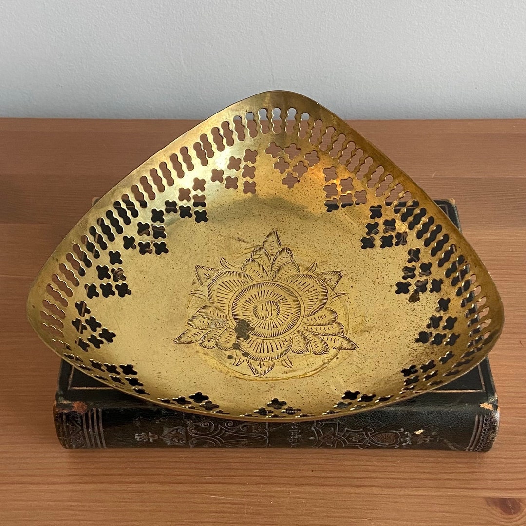 Vintage Brass Floral Engraved Triangle Bowl - 7” X 7” X 1.2” Tall ...