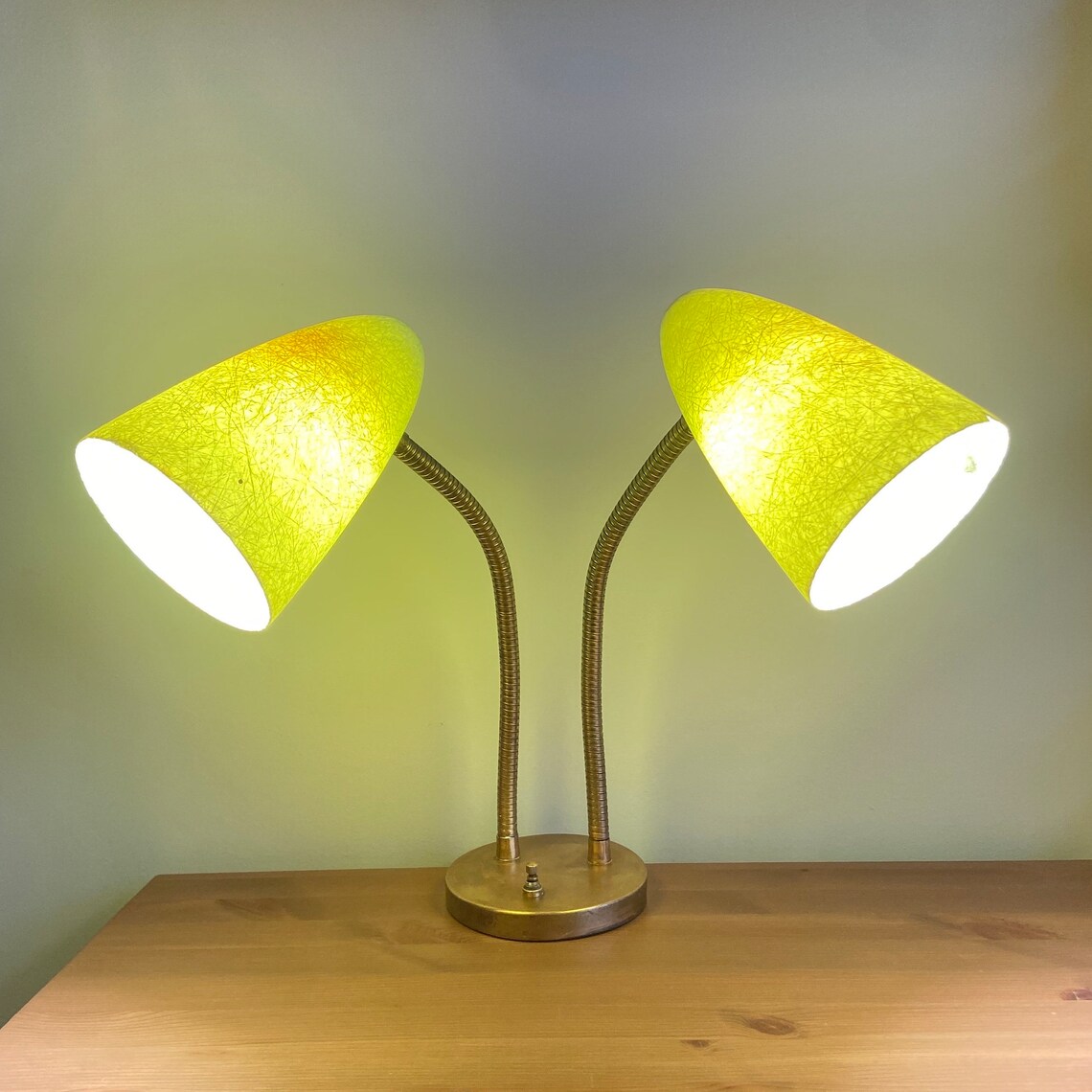 Vintage MCM Double Gooseneck Desk Lamp - Green Fibreglass - Brass Base ...