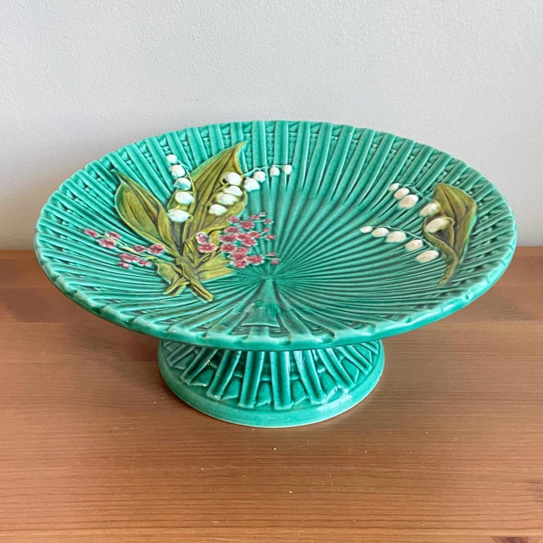 Vintage German Majolica Lily of the Valley Cake Stand 9.5 W X 4 T Teal ...