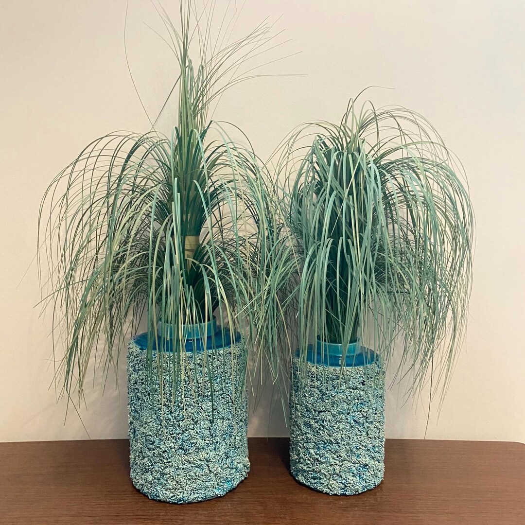 Vintage Blue Ceramic Spaghetti Vases With Faux Greenery - Rare Set - Etsy