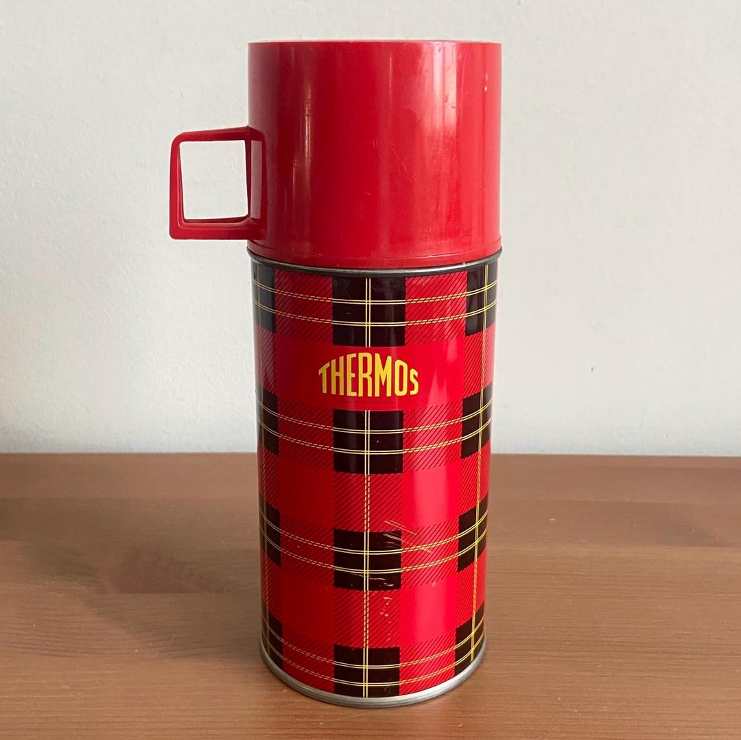 Vintage Red and Black Plai Thermos - 8” T X 2.8” W - Retro Metal ...