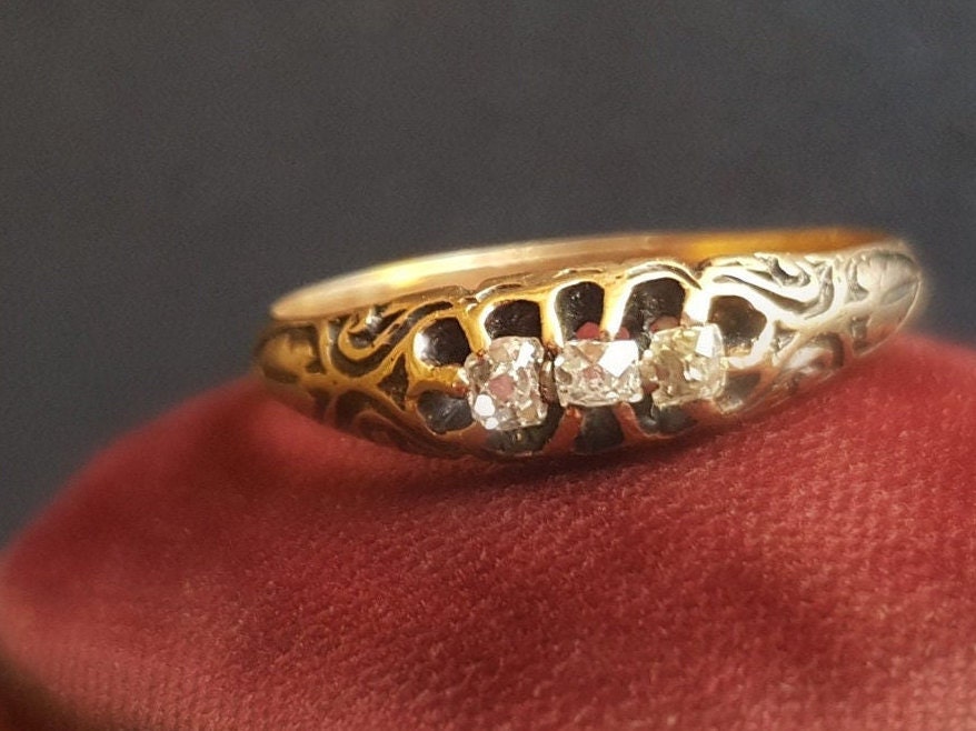 Antique Victorian 18k Diamond Trilogy Ring. Circa 1865 Tiny Cushion Cut Diamond Wedding ...