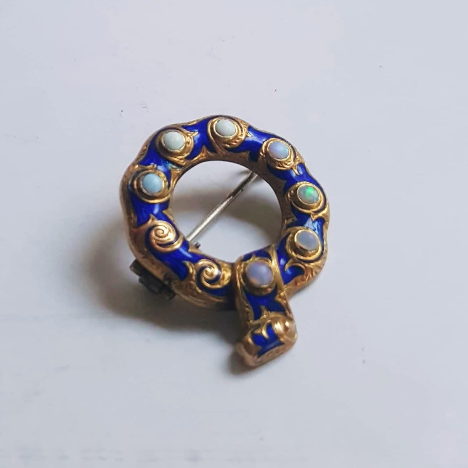 Victorian 14k-18k Garter Pin With Opals & Cobalt Enamel. Mid European ...
