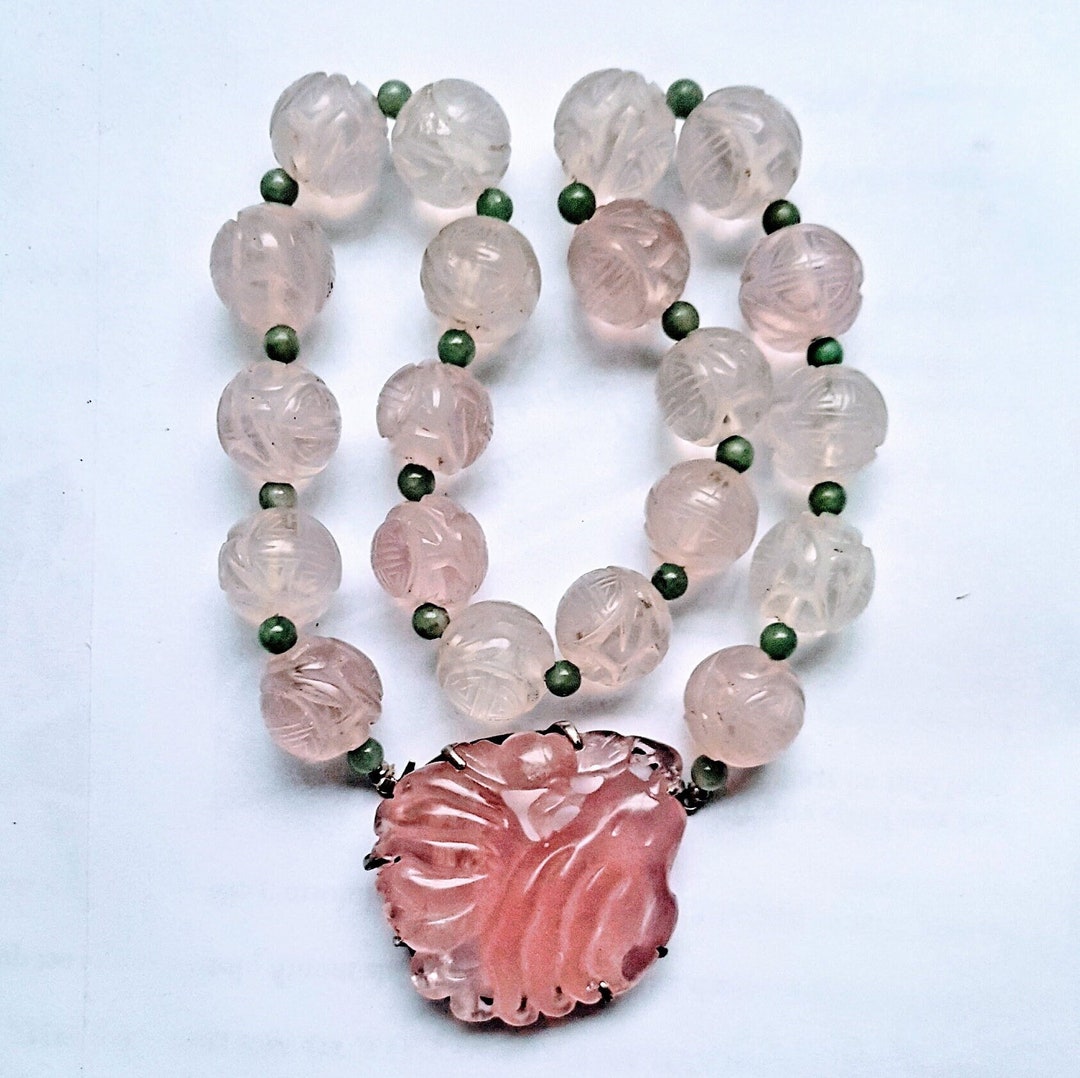 Antique Rose Quartz, Jade, Hand Carved Shou Longevity Beads. Art Deco ...