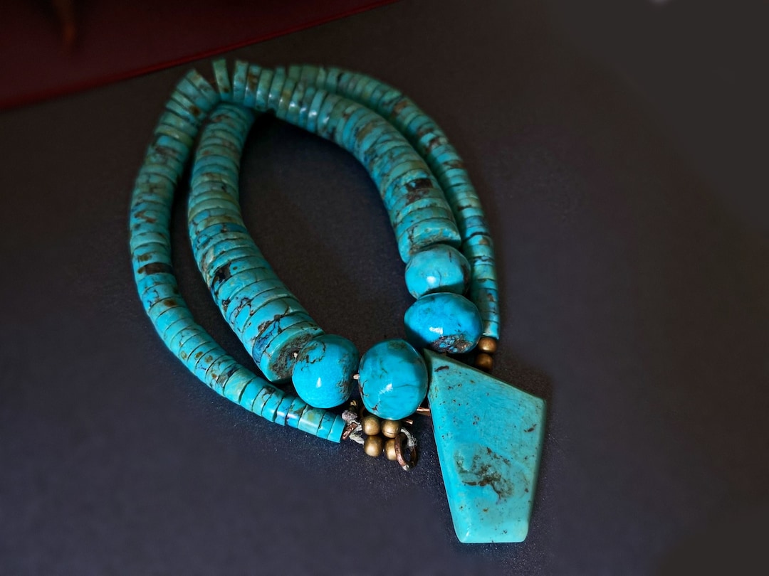 Vintage Royston Turquoise Heishi Bead Necklace With Slab Pendant. Sky ...
