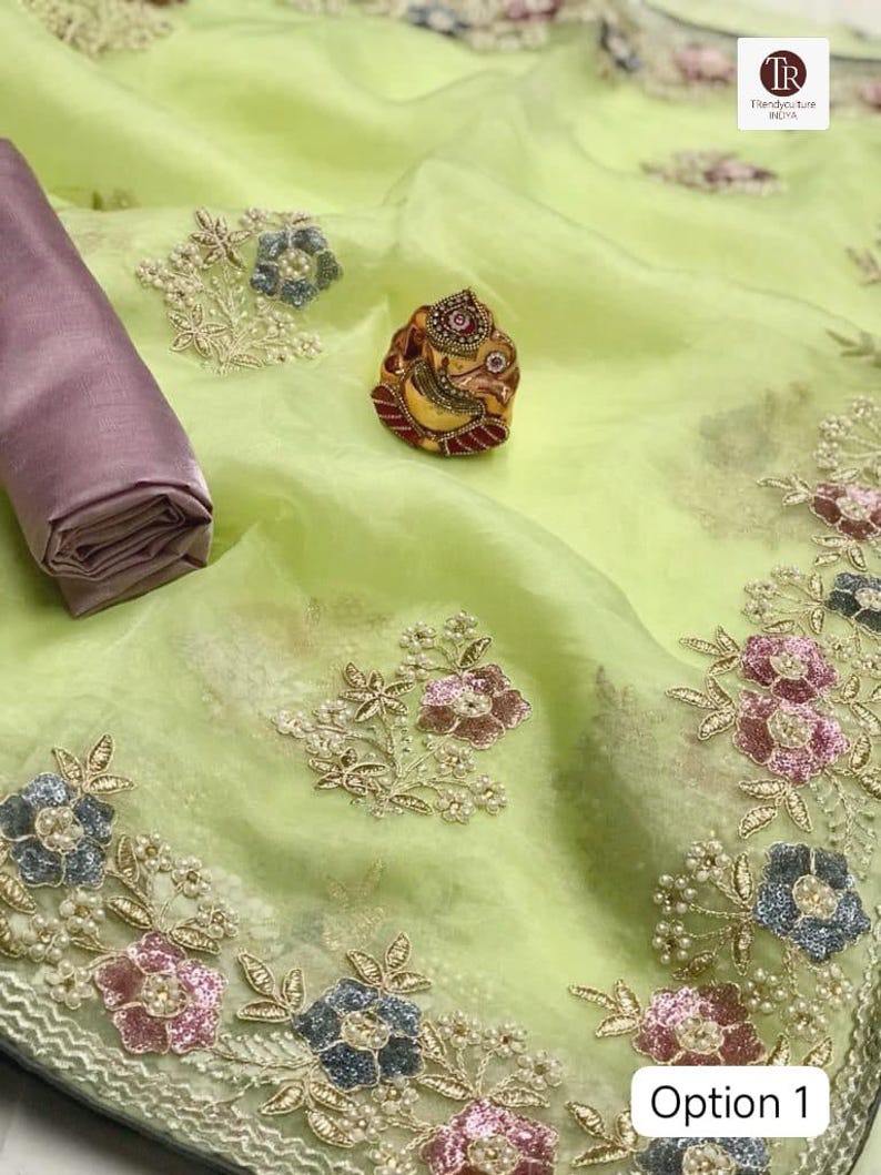 Heavy Organza Silk Saree With Double Sequence Golden Embroidery ...