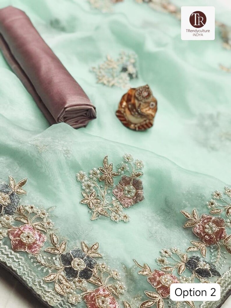 Heavy Organza Silk Saree With Double Sequence Golden Embroidery ...