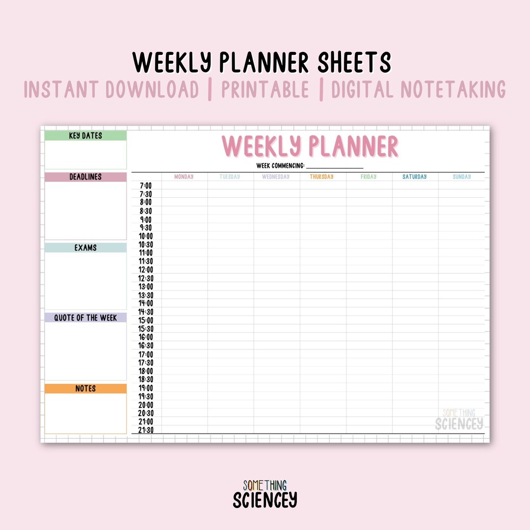 Weekly Planner Sheets - Digital Download - 5 Colourways, A4, PDF ...