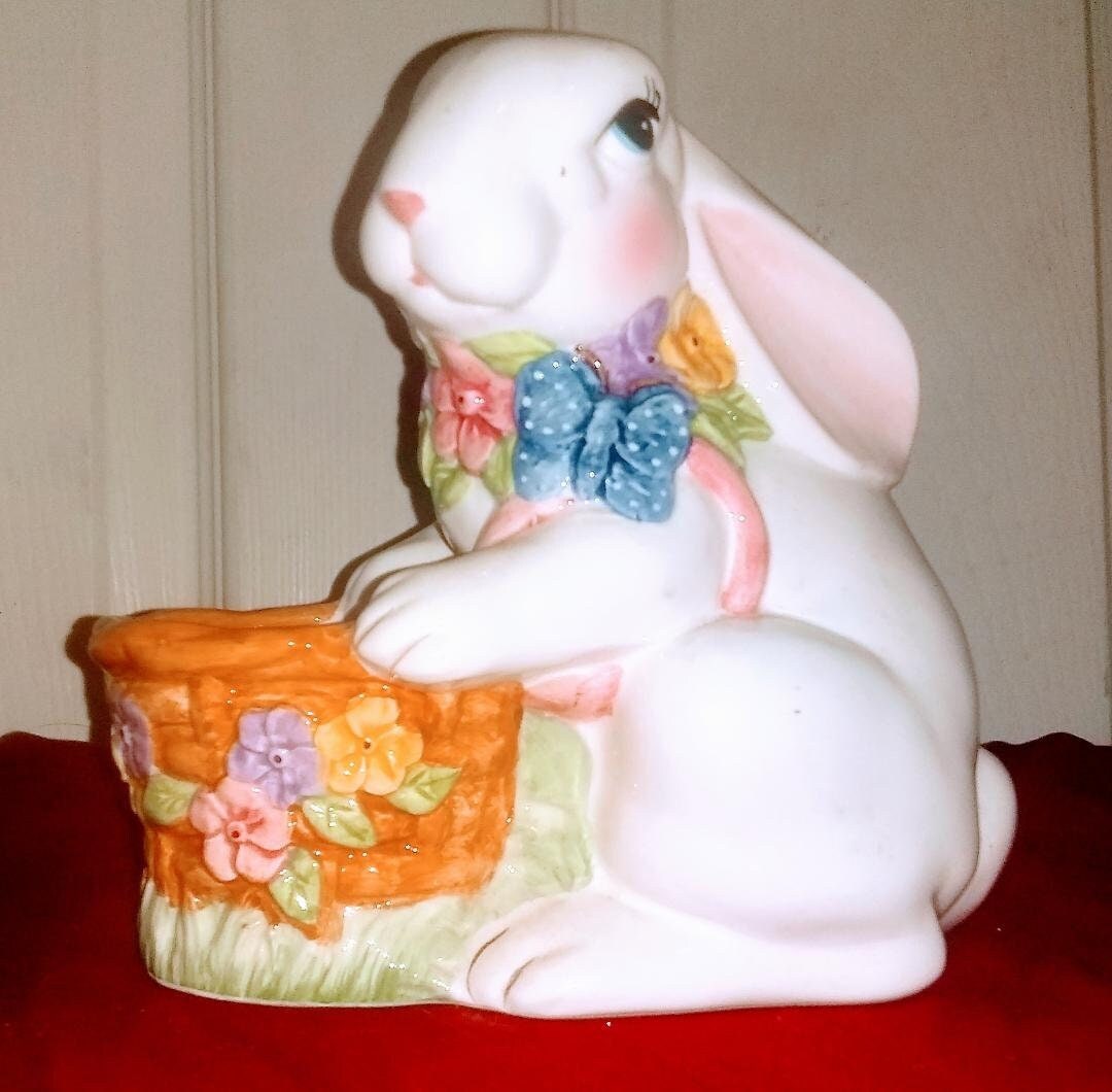 Vintage Ceramic Bunny With Basket - Etsy