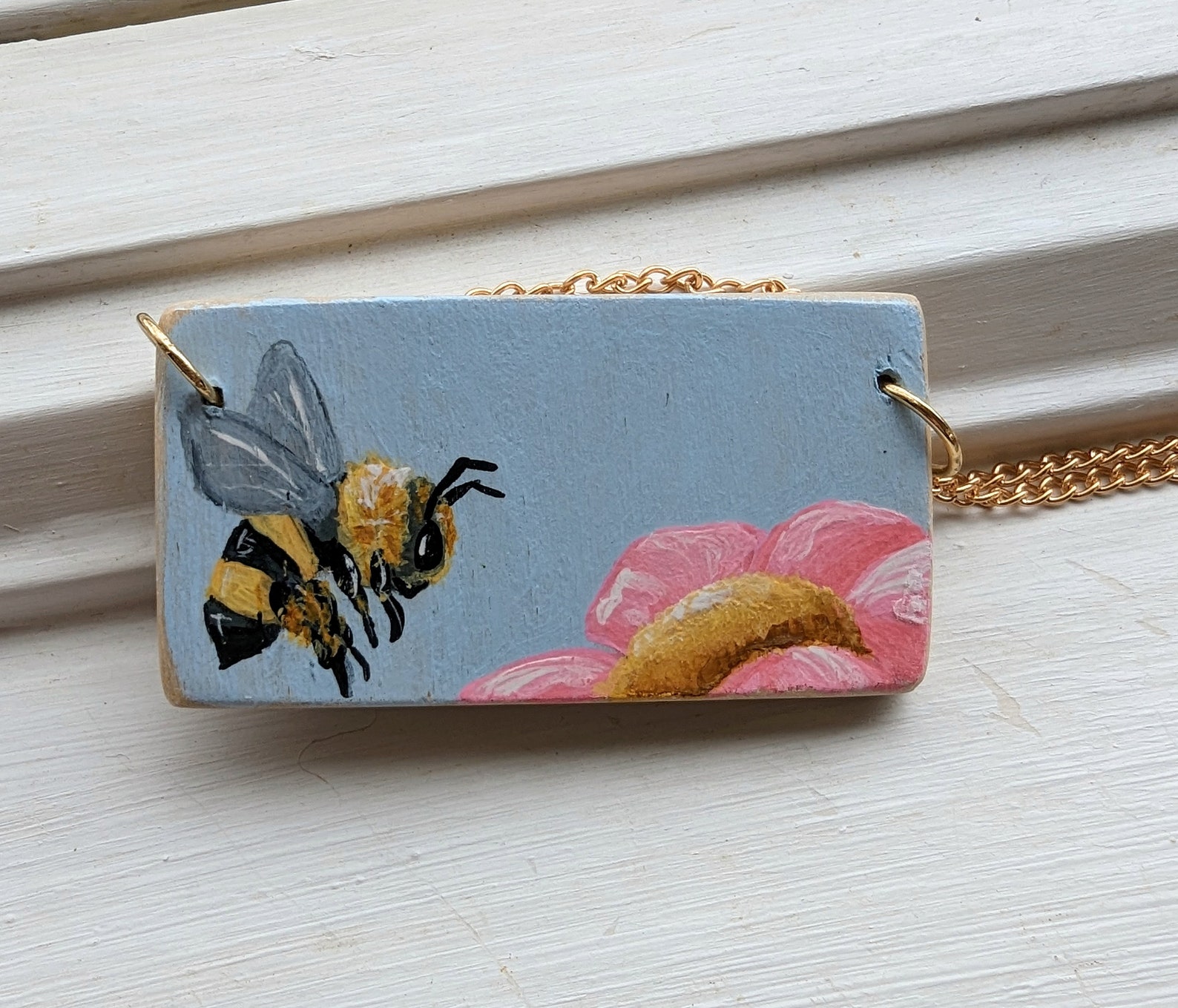 Hand Painted Wood Necklace "bee With Flower" - Etsy