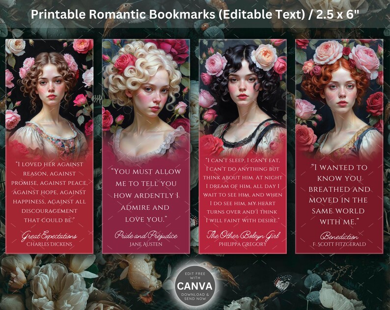 Romantic Regency Bookmarks: Printable PNG Designs (2.5x6 Inch) - Etsy