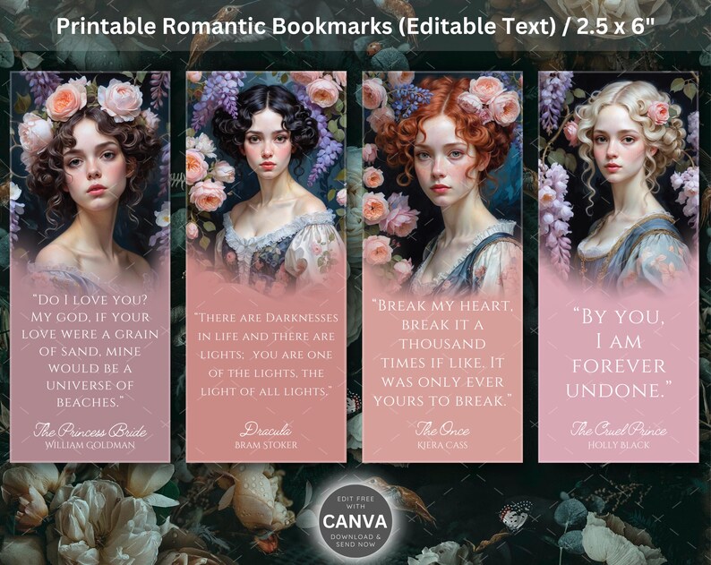 Romantic Regency Bookmarks: Printable PNG Designs (2.5x6 Inch) - Etsy