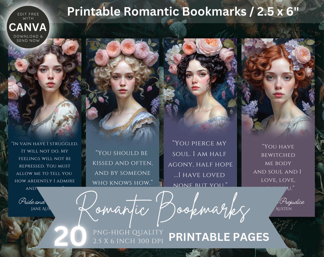 Romantic Regency Bookmarks: Printable PNG Designs (2.5x6 Inch) - Etsy