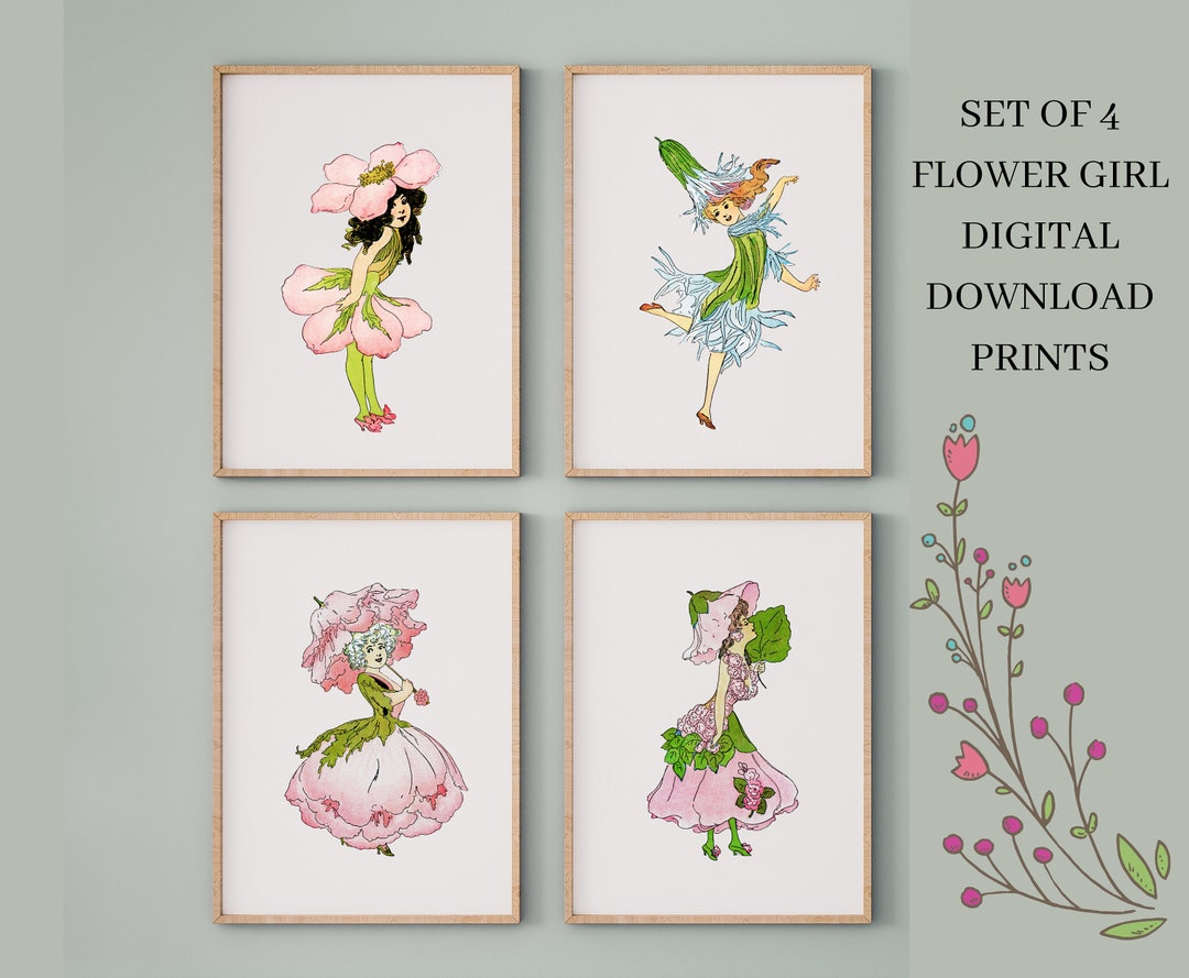 Flower Girl Vintage Art Set of Four Prints, JPEG Print Digital Files ...