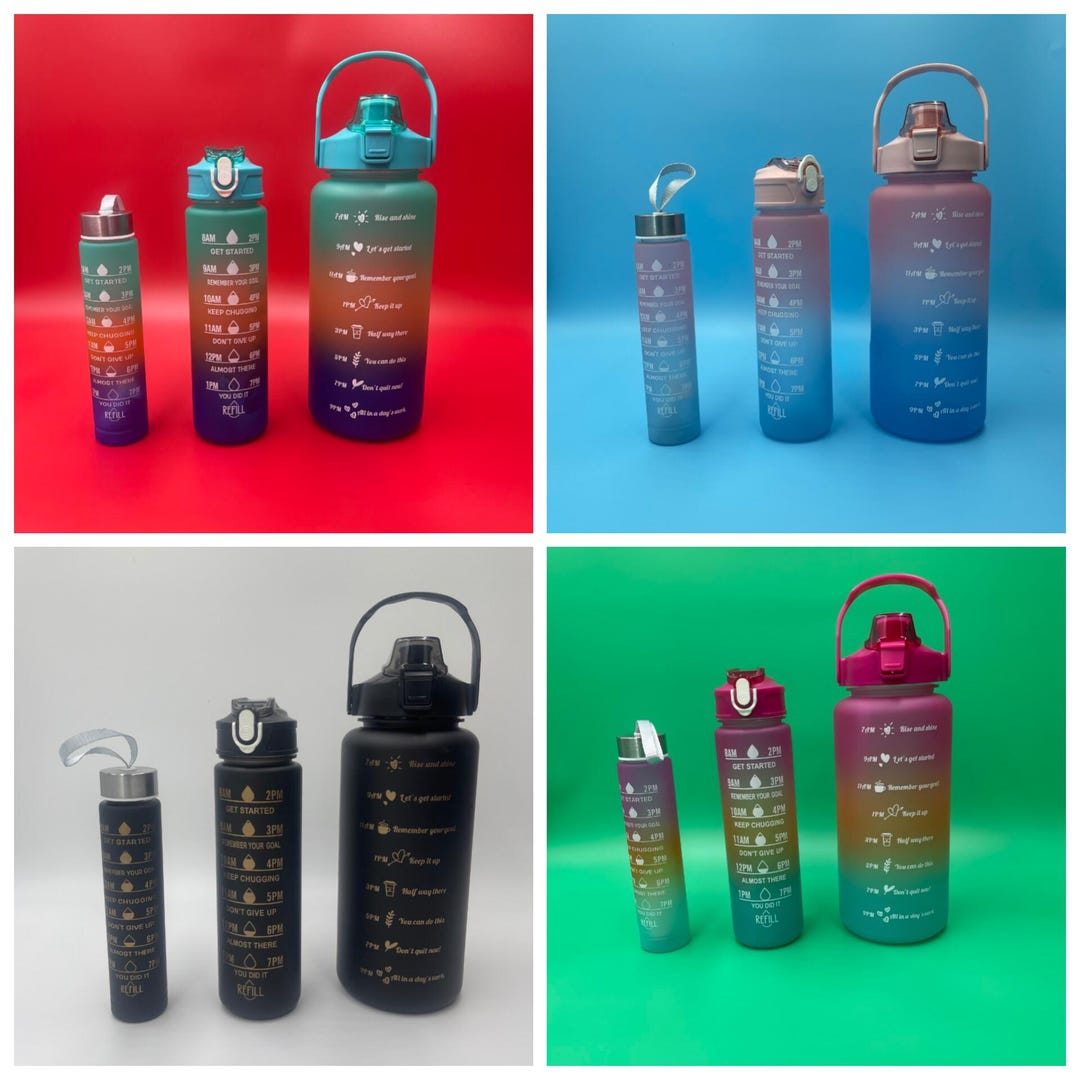 New 10 COLORS 3-pack Water Bottle Set 2 Litre Motivational Bottles Gym Sports 64oz Thermos ...
