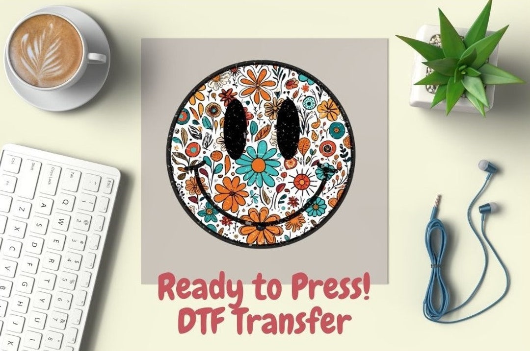 DTF Transfers Ready to Press Smiley T Shirt Transfer Floral Smiley DTF ...