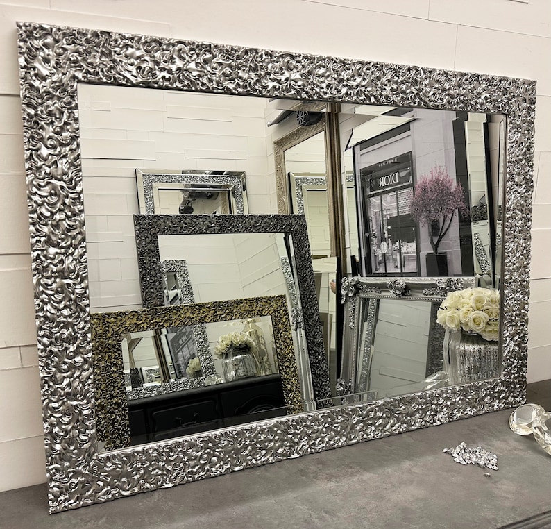 Metallic Silver Chrome Mirror Molton Effect Bevelled Wall Mirror ...
