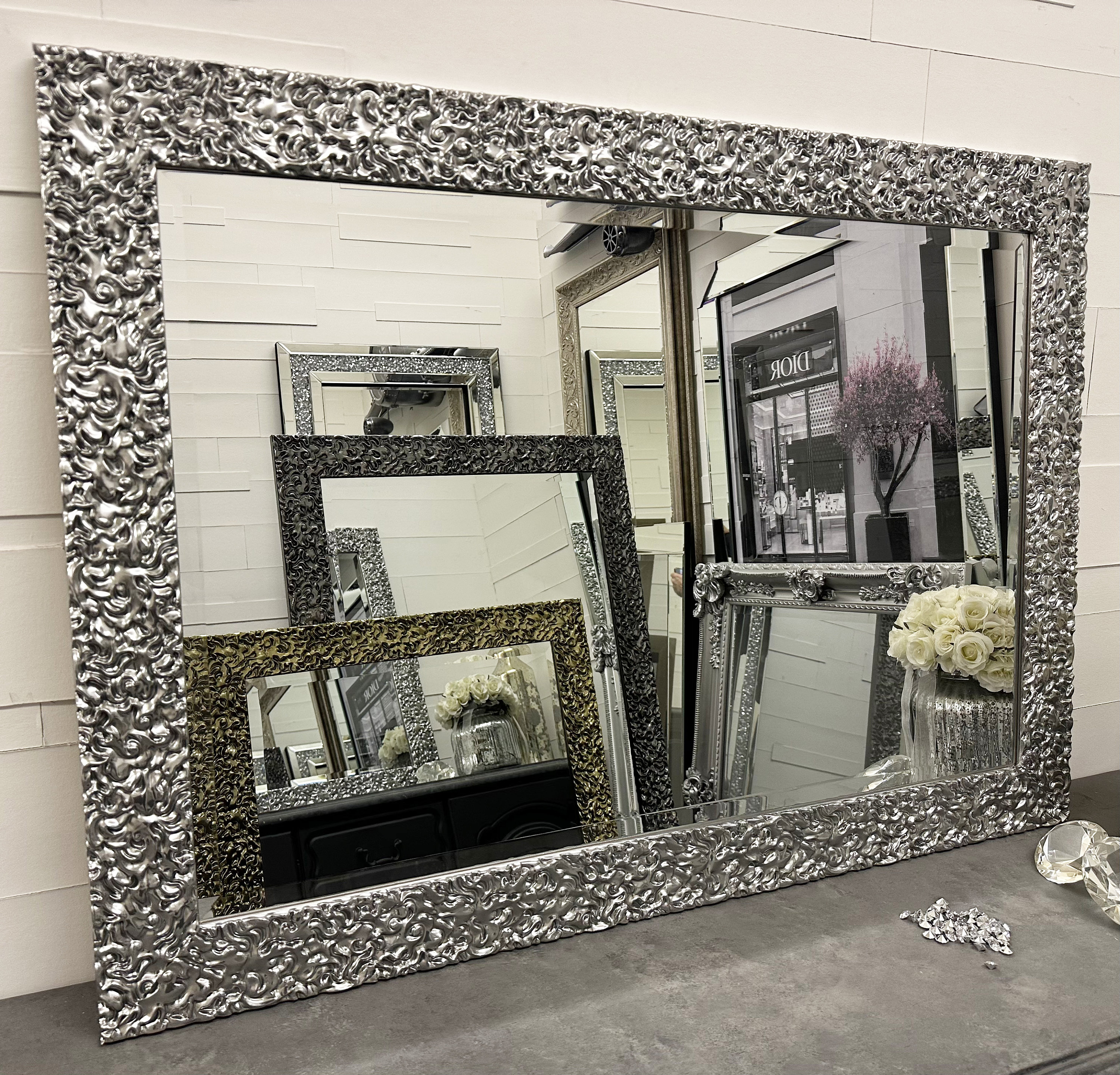 Metallic Silver Chrome Mirror Molton Effect Bevelled Wall Mirror ...