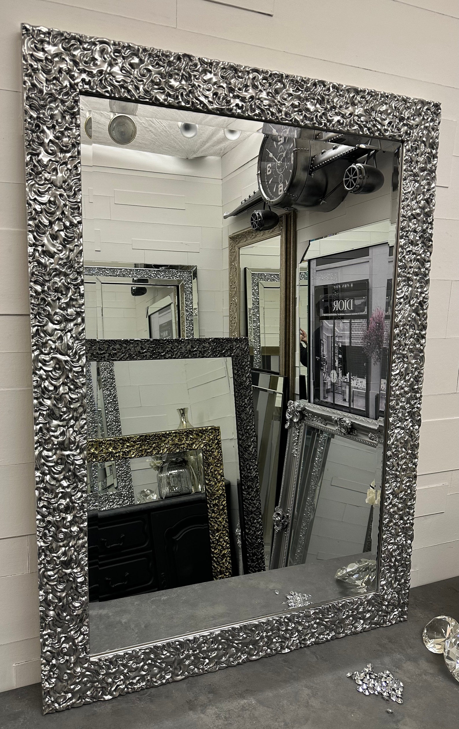 Metallic Silver Chrome Mirror Molton Effect Bevelled Wall Mirror ...