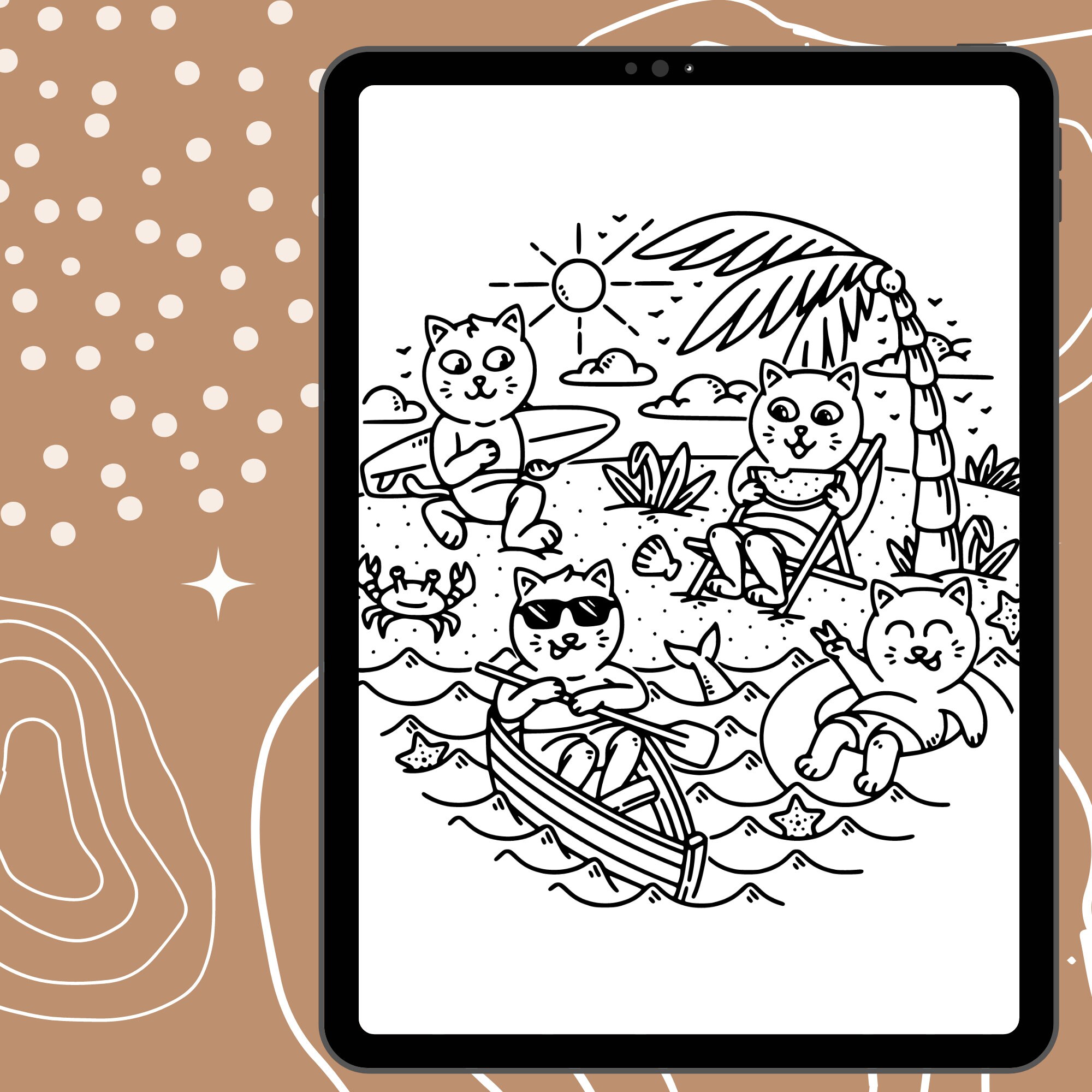 Cute Cat Having A Party on the Beach, Boho Coloring Pages, Printable ...