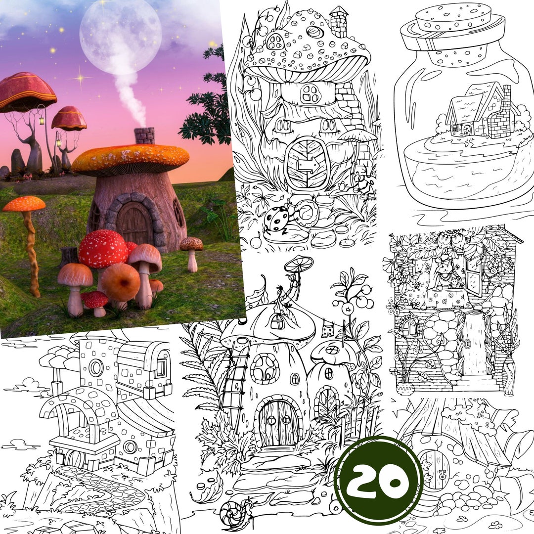 Enchanted Mushroom Houses Coloring Book| Printable Fairy Coloring Pages ...