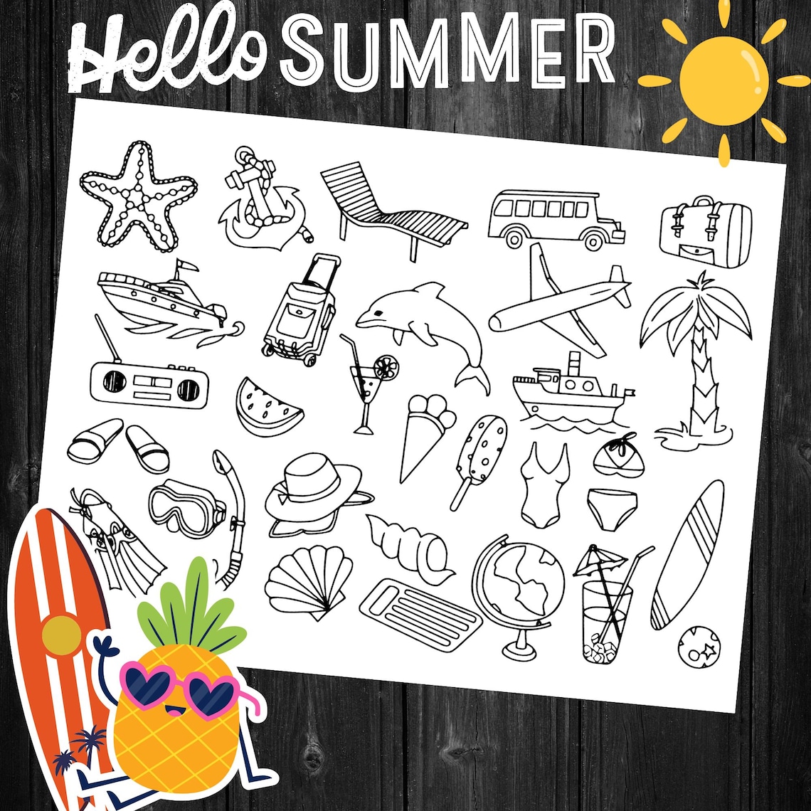 Summer Fun Coloring Page, Summer Bucket List Activities Coloring Sheets ...