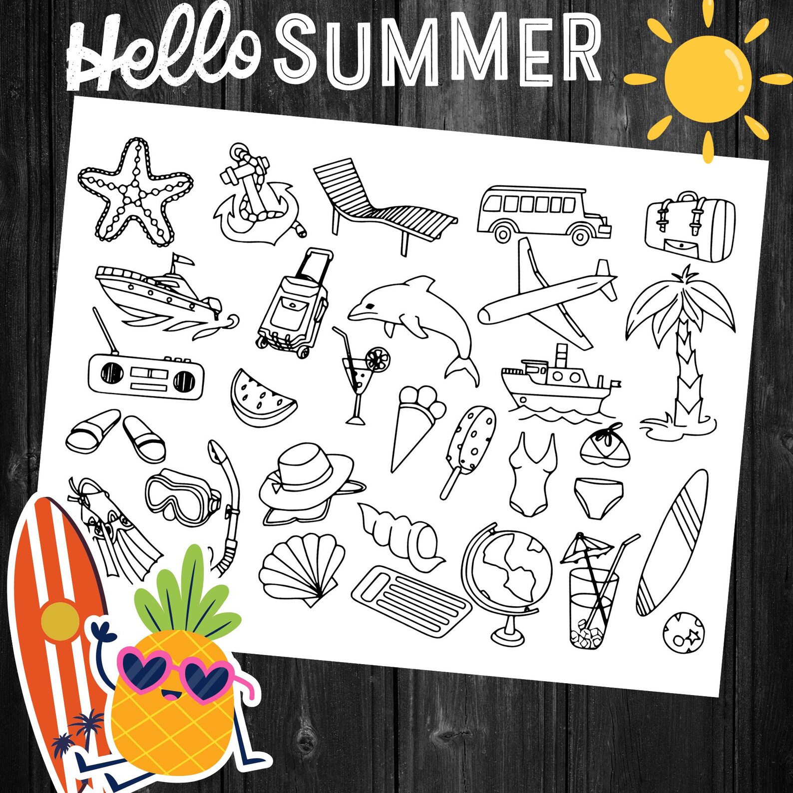 Summer Fun Coloring Page, Summer Bucket List Activities Coloring Sheets ...