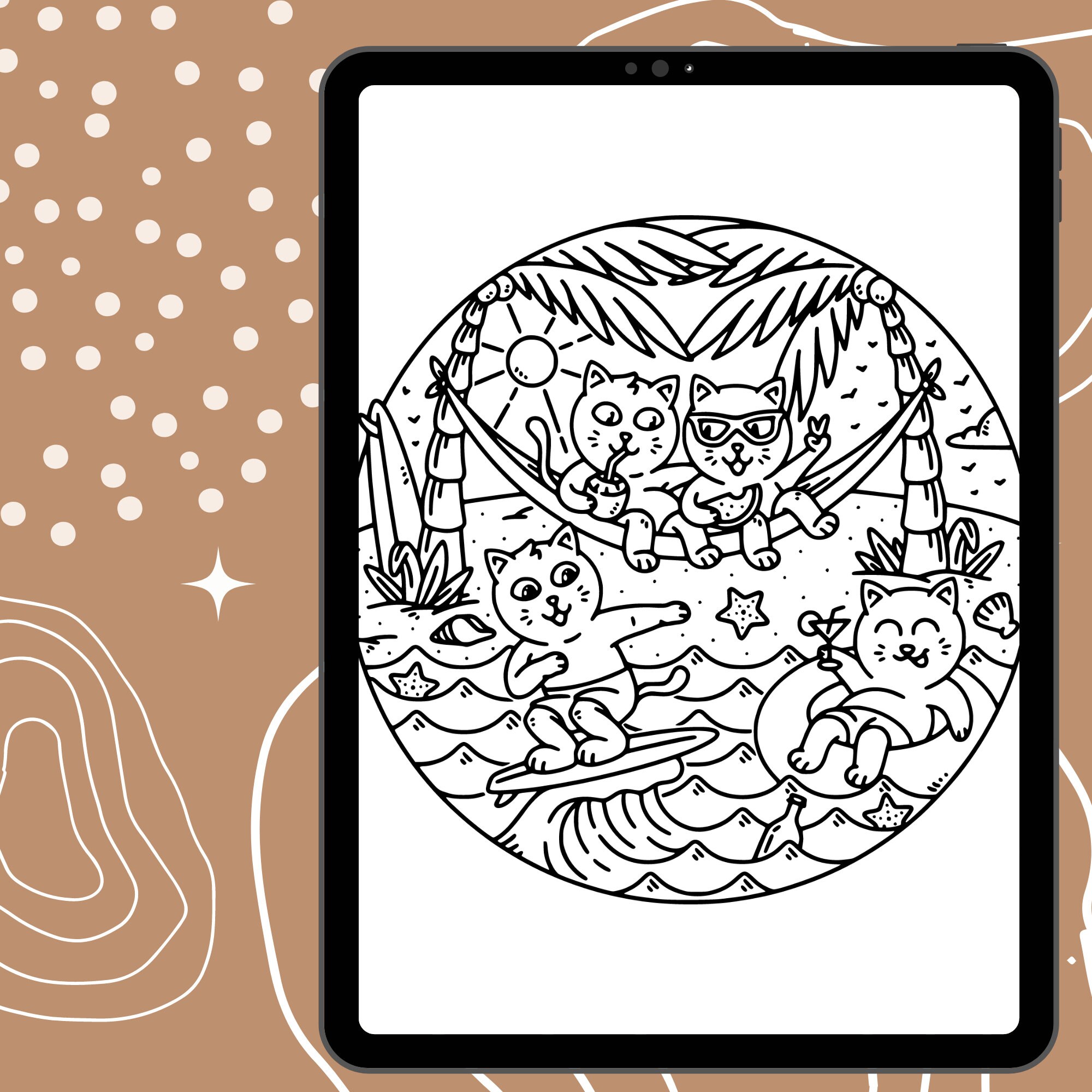 Cute Cat Having A Party on the Beach, Boho Coloring Pages, Printable ...