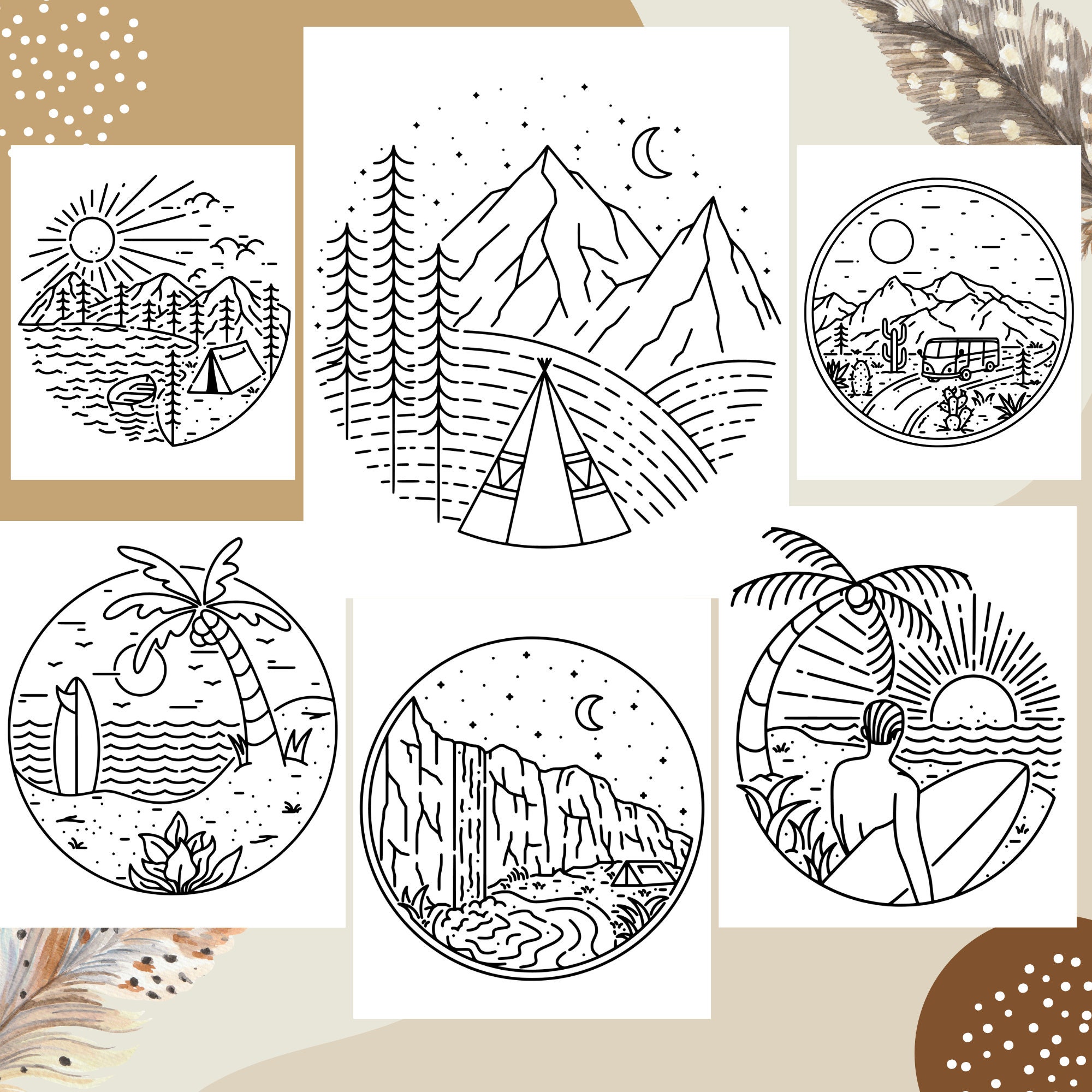 Boho Summer Coloring Pages, Beach and Mountain Scenes (PDF) - Etsy