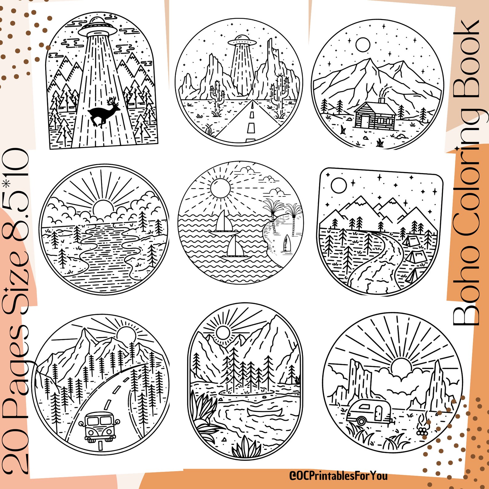 Boho Summer Coloring Pages, Adult Boho Coloring Pages,mountain,camping ...