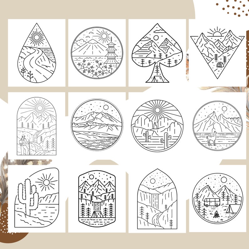 Minimalist Scenery Coloring Pages, Adults Printable Coloring Book, Boho ...