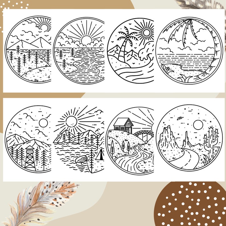 Boho Summer Coloring Pages, Beach and Mountain Scenes (PDF) - Etsy