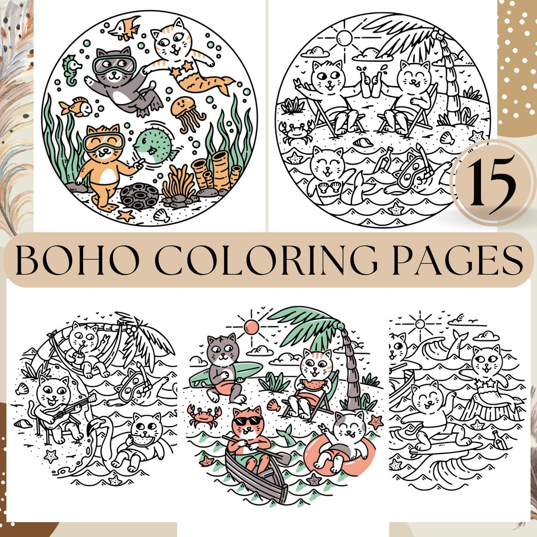 Cute Cat Having A Party on the Beach, Boho Coloring Pages, Printable ...