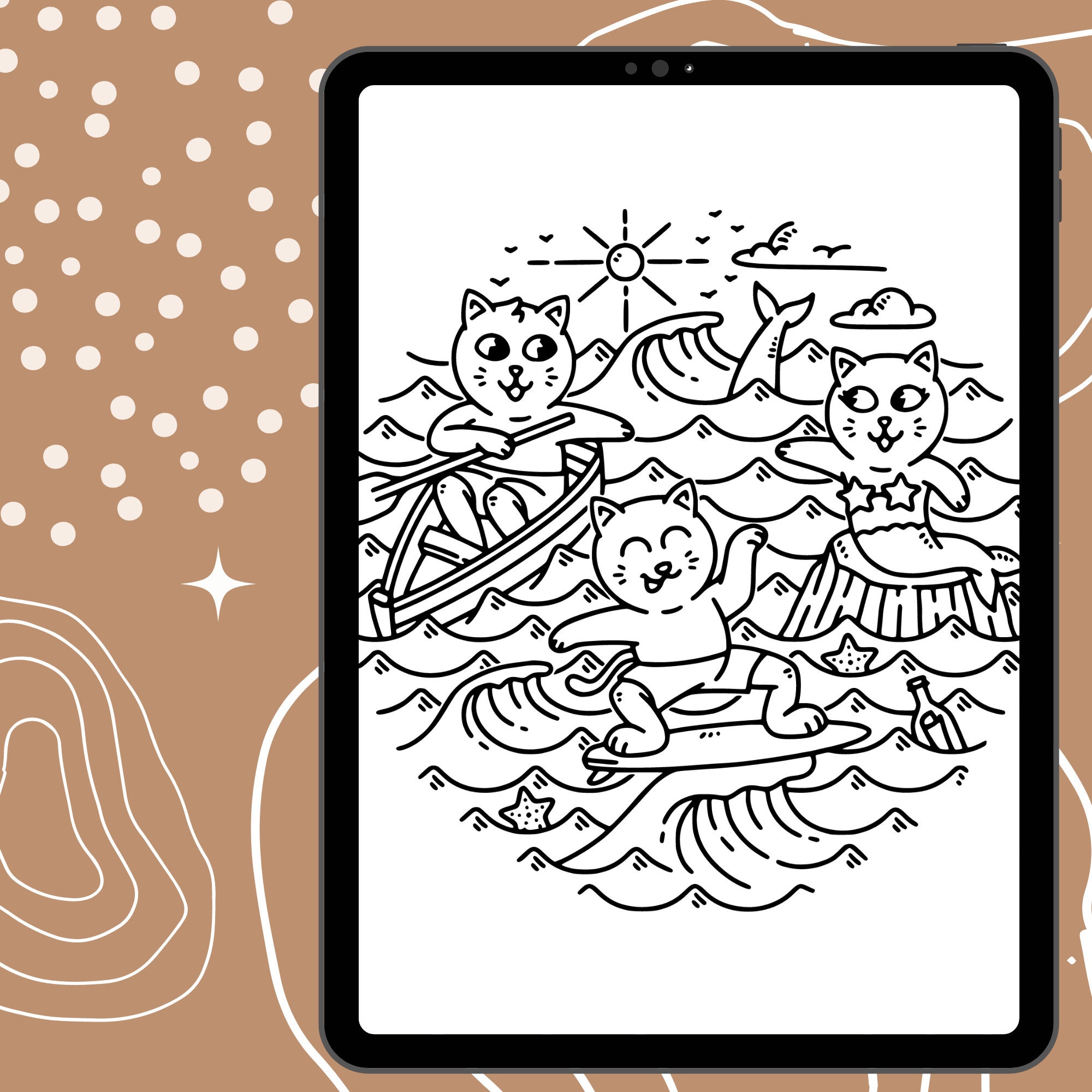 Cute Cat Having A Party on the Beach, Boho Coloring Pages, Printable ...