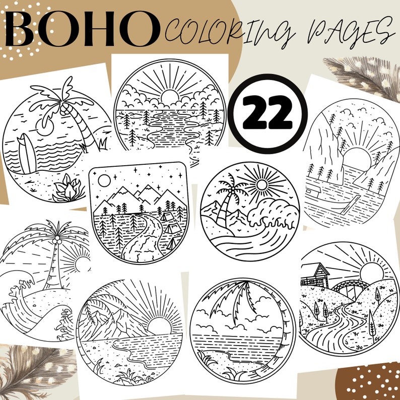 Boho Summer Coloring Pages, Beach and Mountain Scenes (PDF) - Etsy