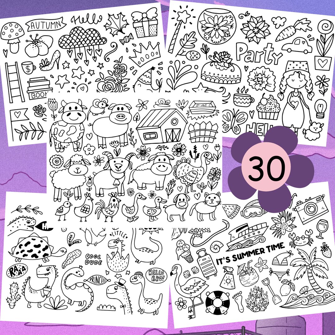 PRINTABLE Doodles Coloring Pages: Food,space,summer,farm,dinosaur,coffe ...