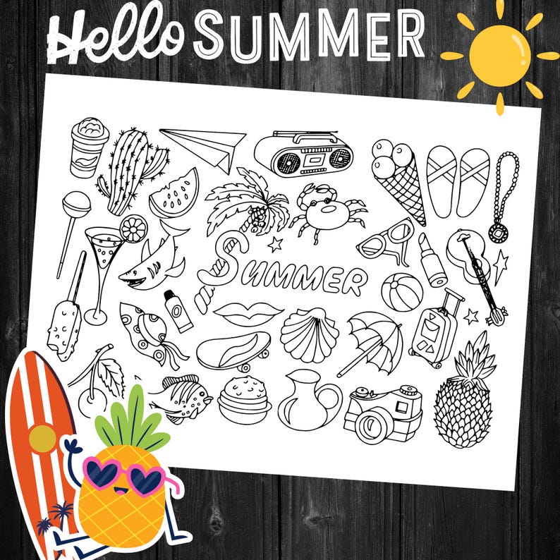 Summer Fun Coloring Page, Summer Bucket List Activities Coloring Sheets ...