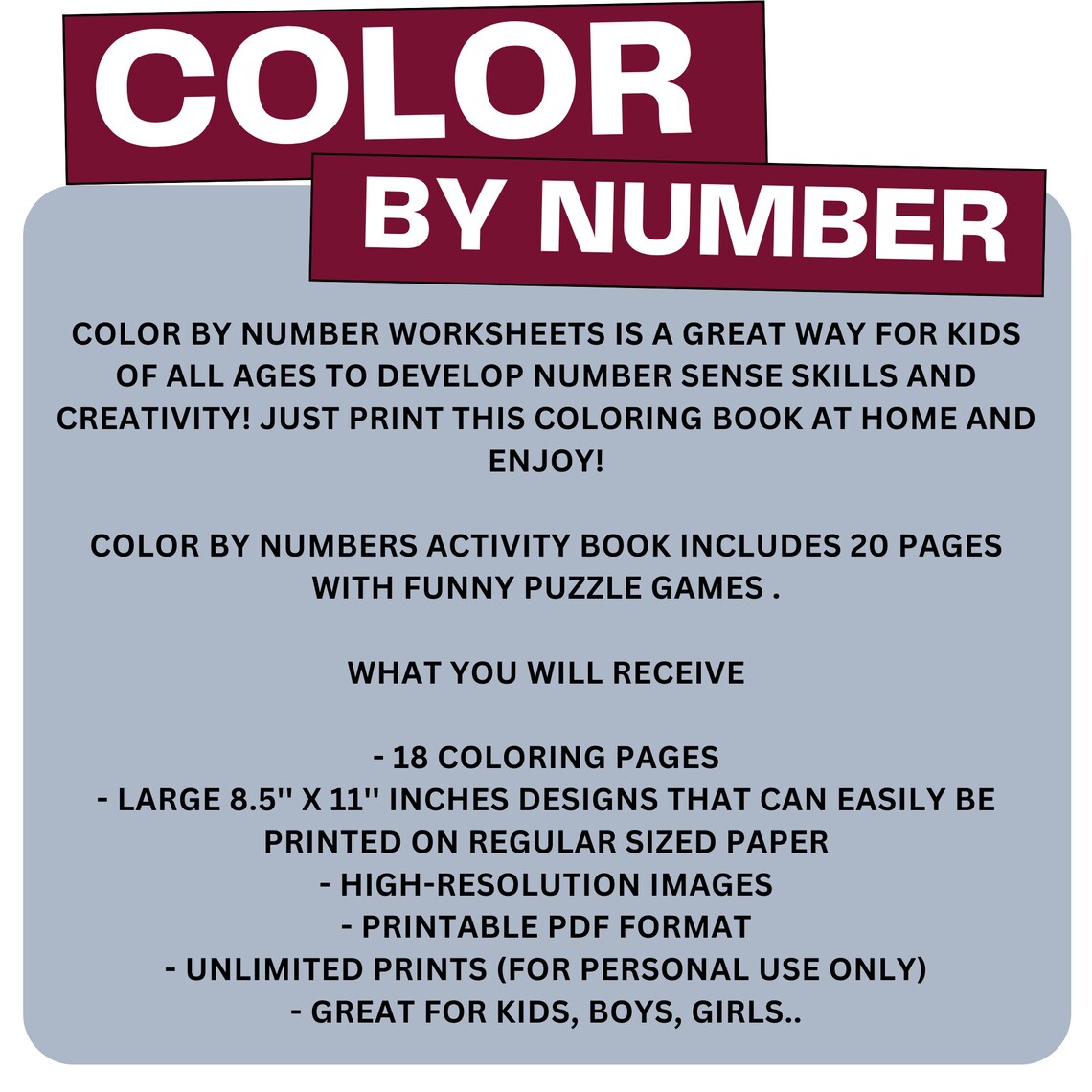 Color by Number|digital Download|coloring Pages Printable, Girls & Boys ...