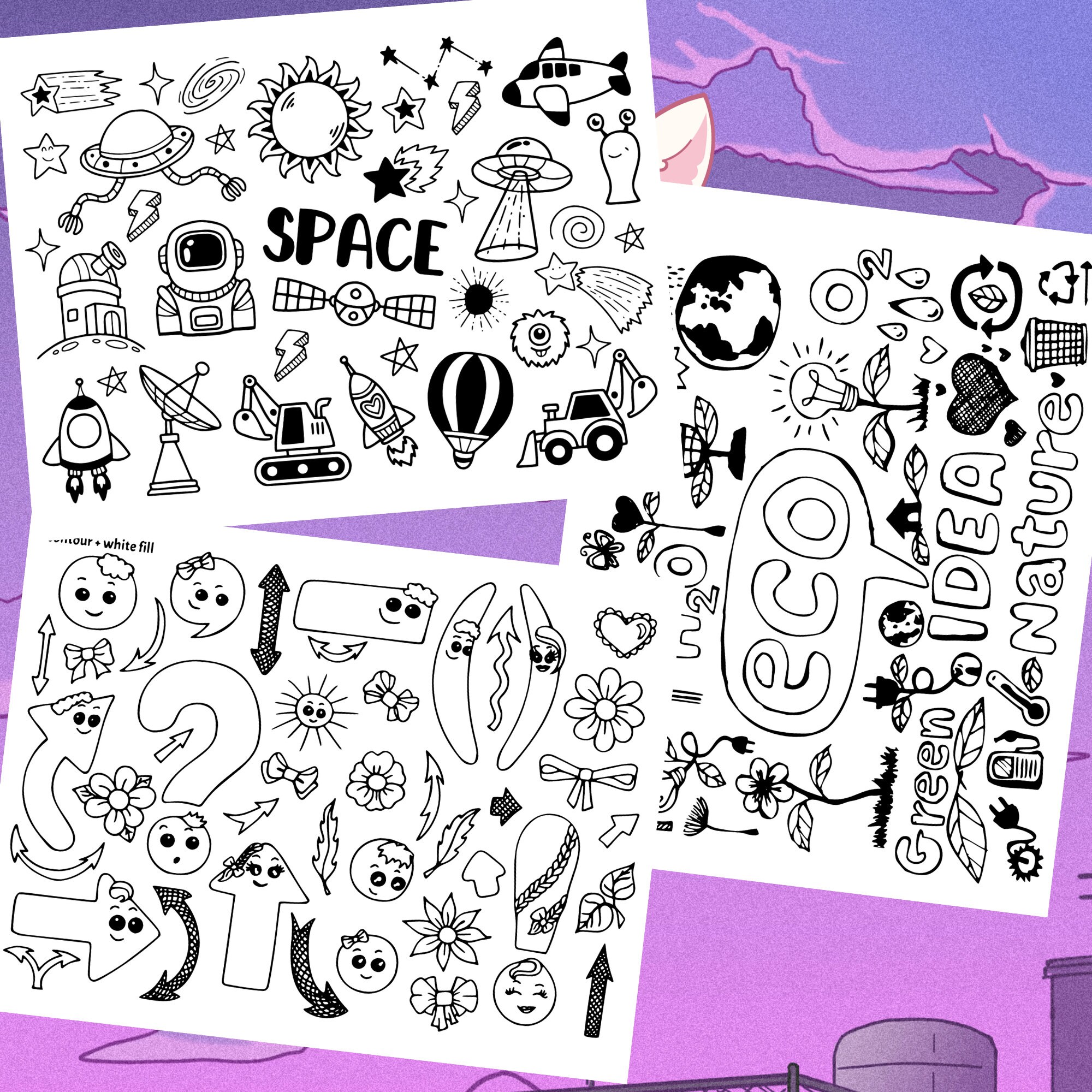 PRINTABLE Doodles Coloring Pages: Food,space,summer,farm,dinosaur,coffe ...