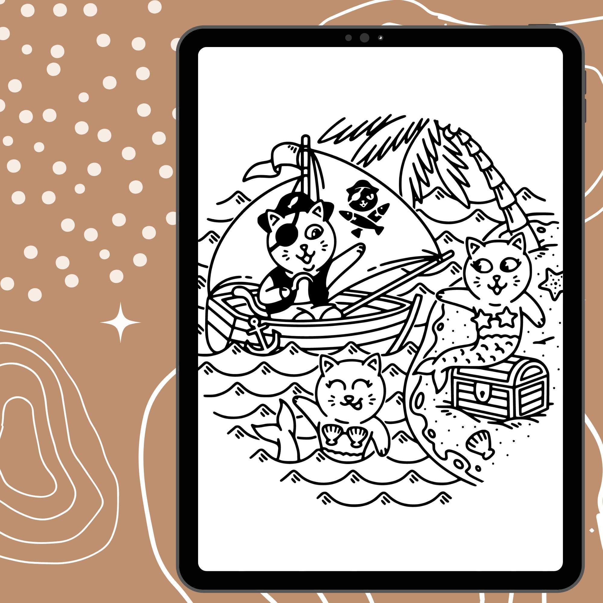 Cute Cat Having A Party on the Beach, Boho Coloring Pages, Printable ...