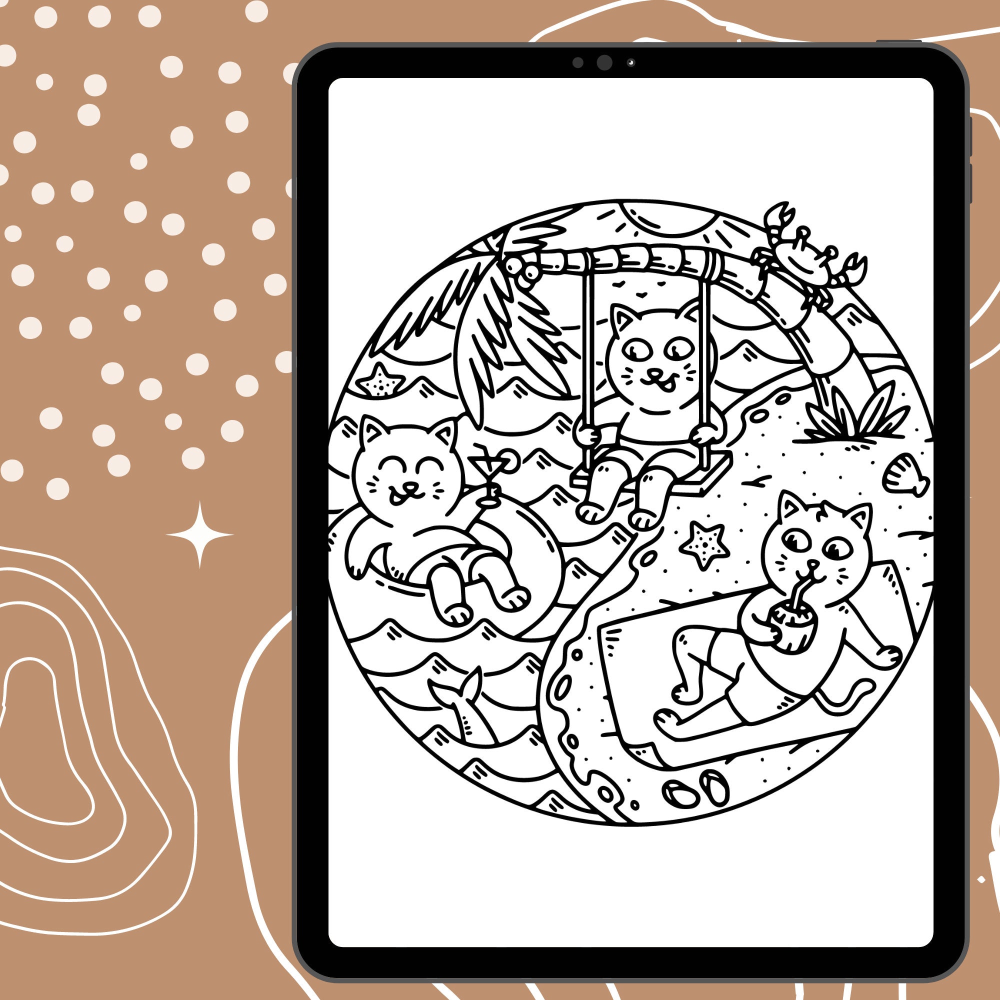 Cute Cat Having A Party on the Beach, Boho Coloring Pages, Printable ...