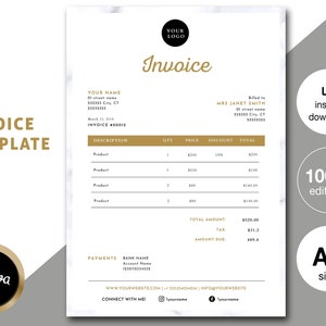 Marble Invoice Template, Classy Printable Invoice, Elegant Editable ...