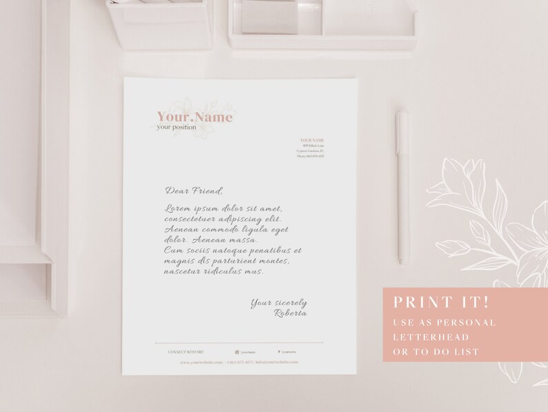 Blush Pink Professional Letterhead Canva Template, Editable Floral ...