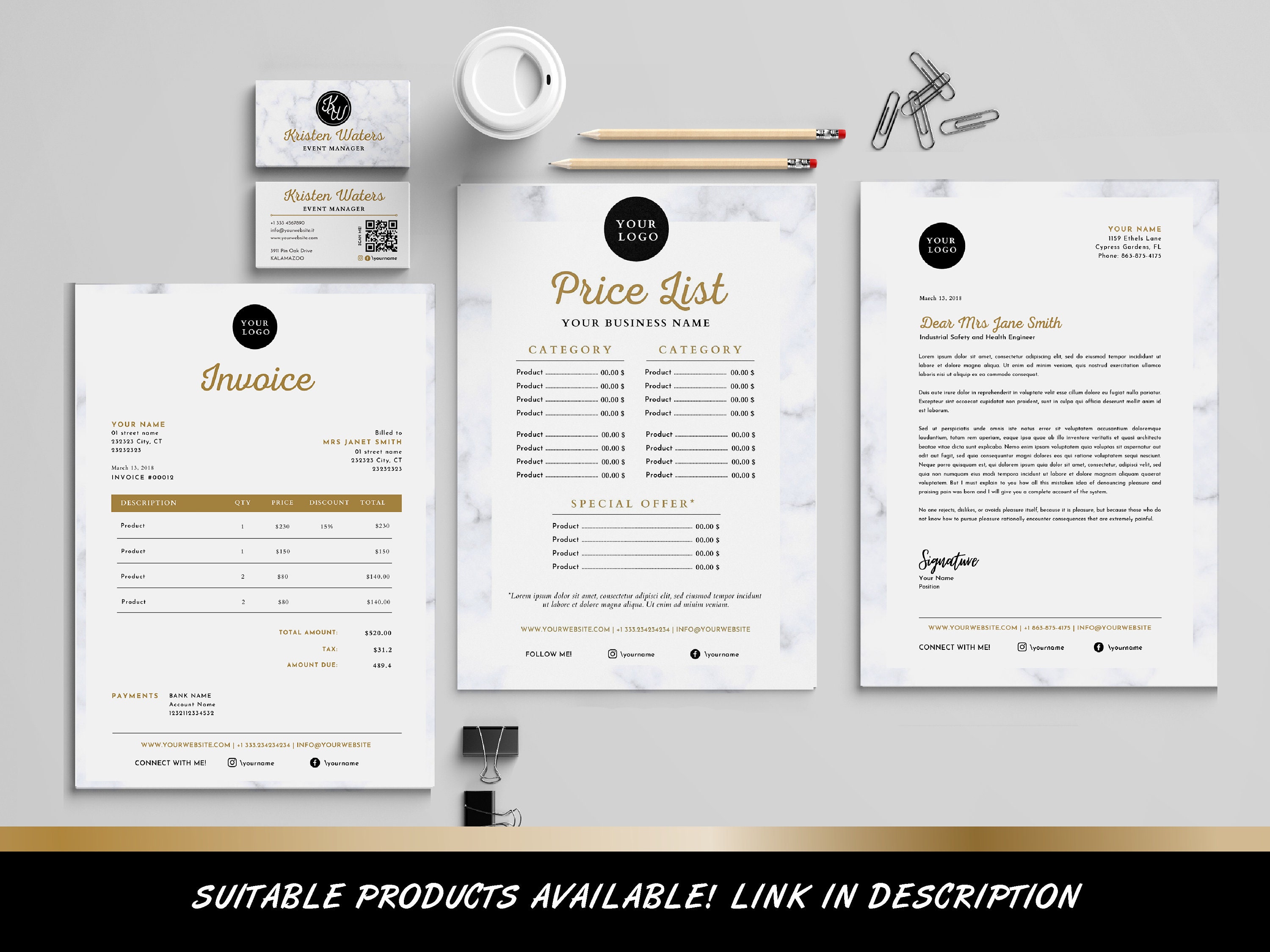 Marble Invoice Template, Classy Printable Invoice, Elegant Editable ...